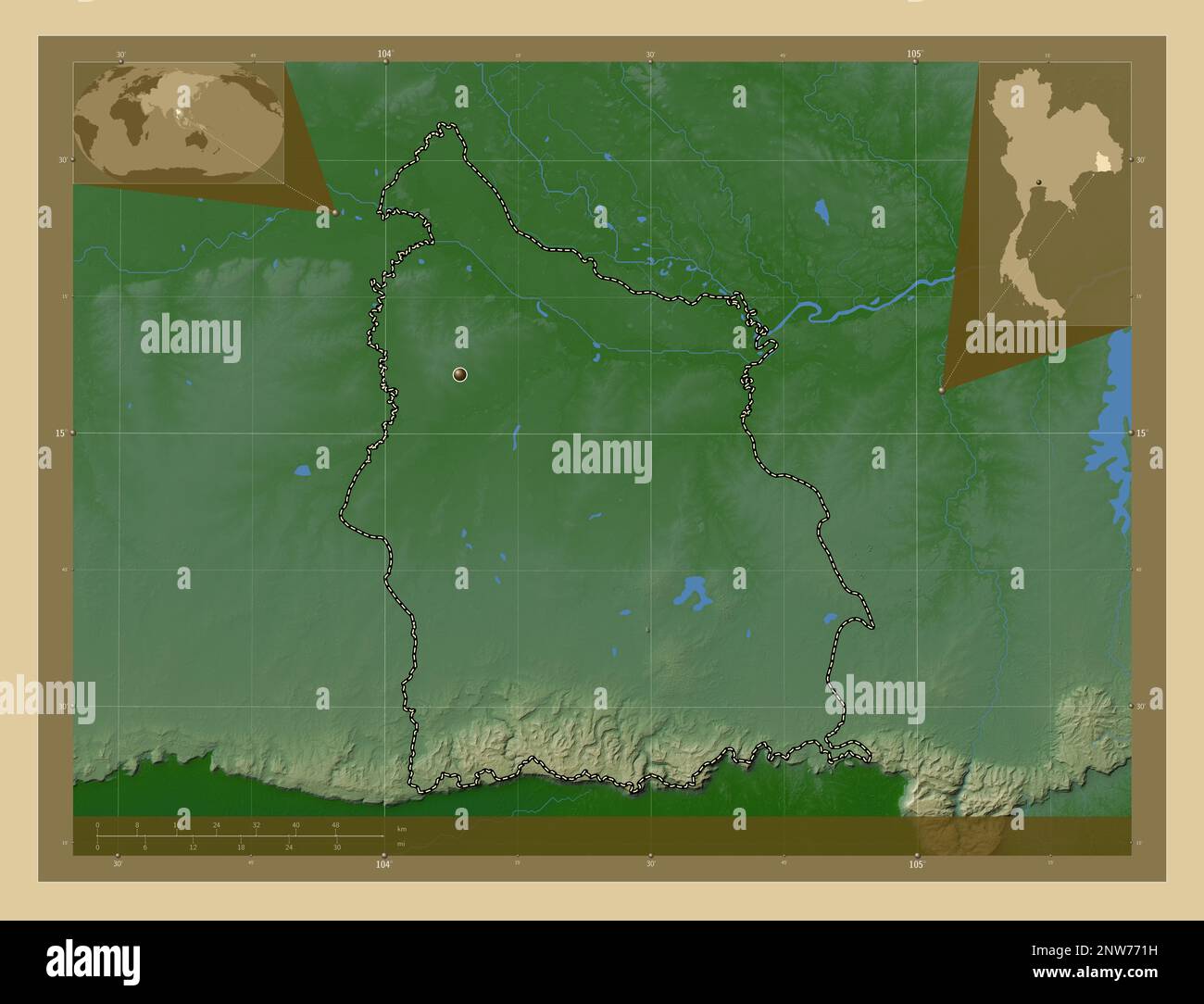 Si Sa Ket, province of Thailand. Colored elevation map with lakes and ...