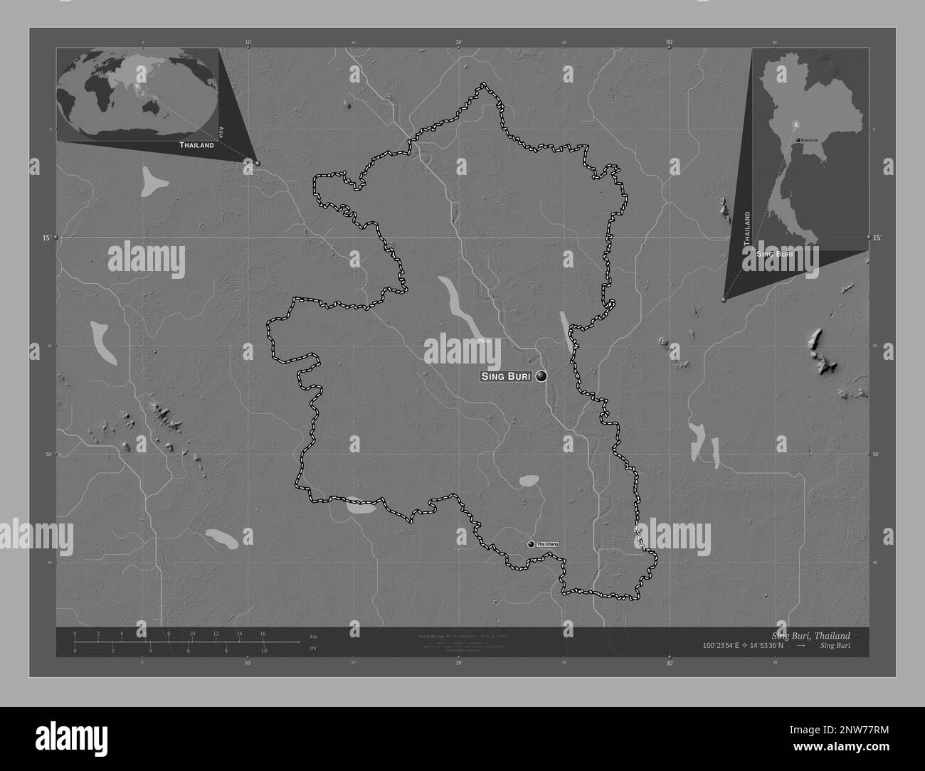 Sing Buri, province of Thailand. Bilevel elevation map with lakes and ...