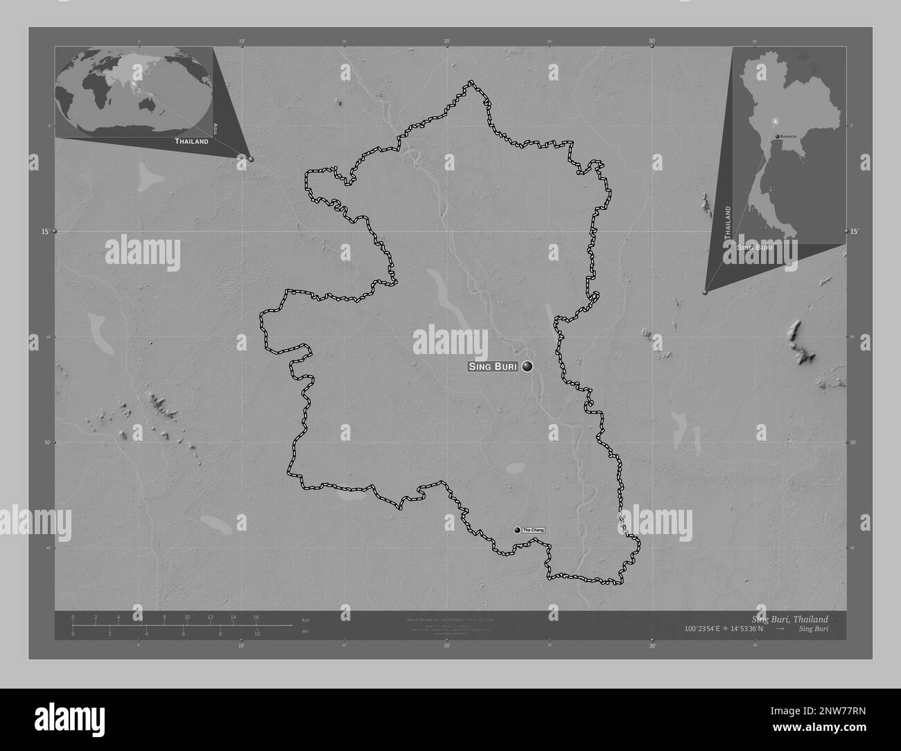 Sing Buri, province of Thailand. Grayscale elevation map with lakes and ...