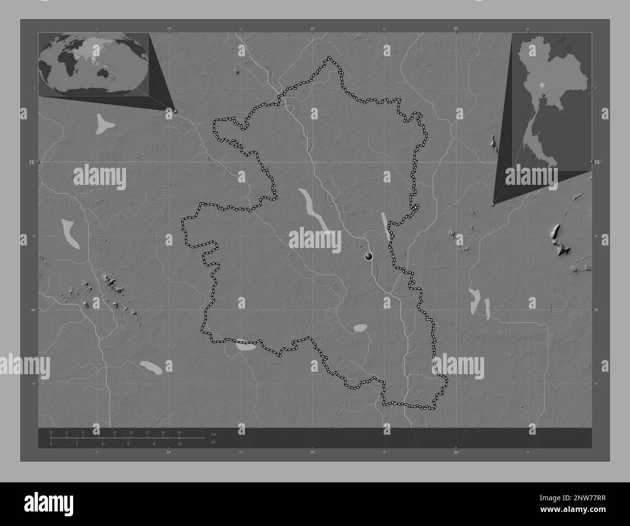 Sing Buri, province of Thailand. Bilevel elevation map with lakes and ...