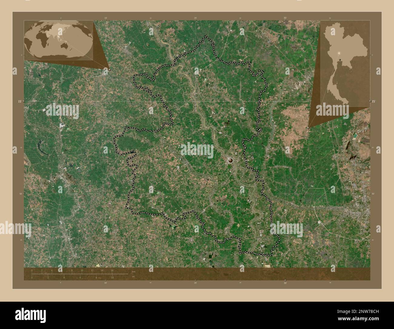 Sing Buri, province of Thailand. Low resolution satellite map. Corner ...