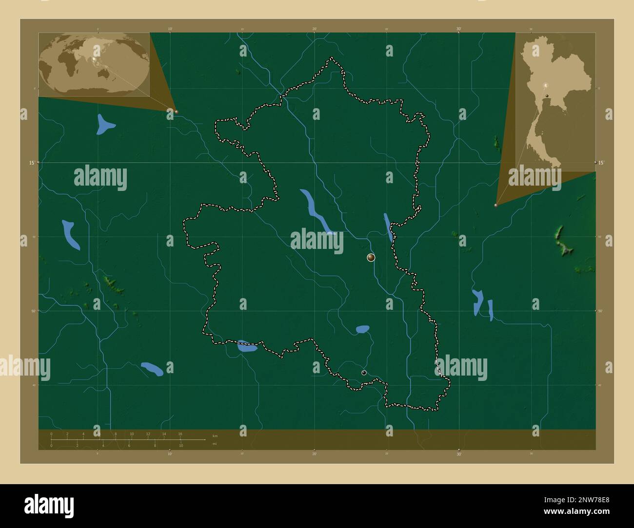 Sing Buri, province of Thailand. Colored elevation map with lakes and ...