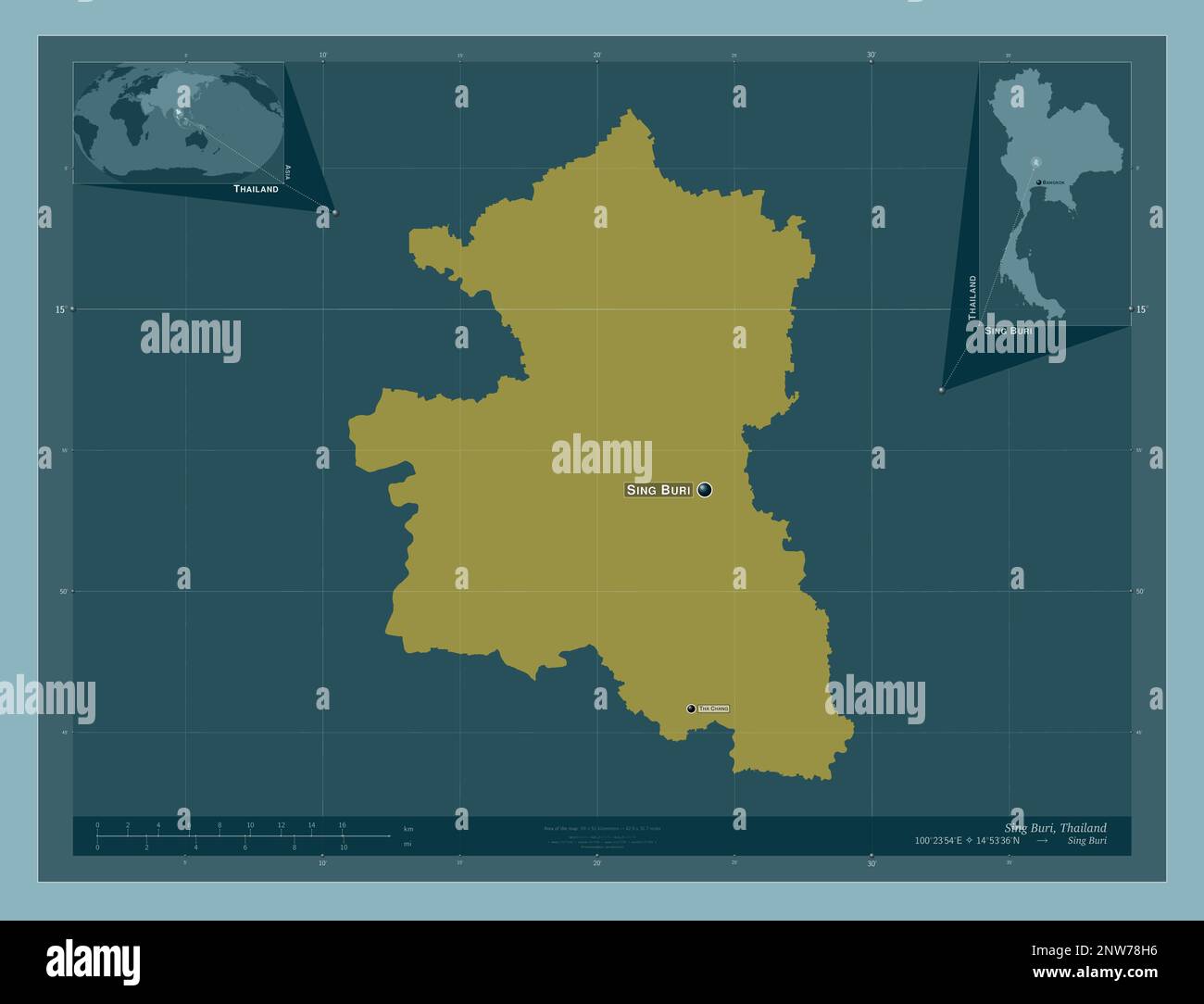 Sing Buri, province of Thailand. Solid color shape. Locations and names ...