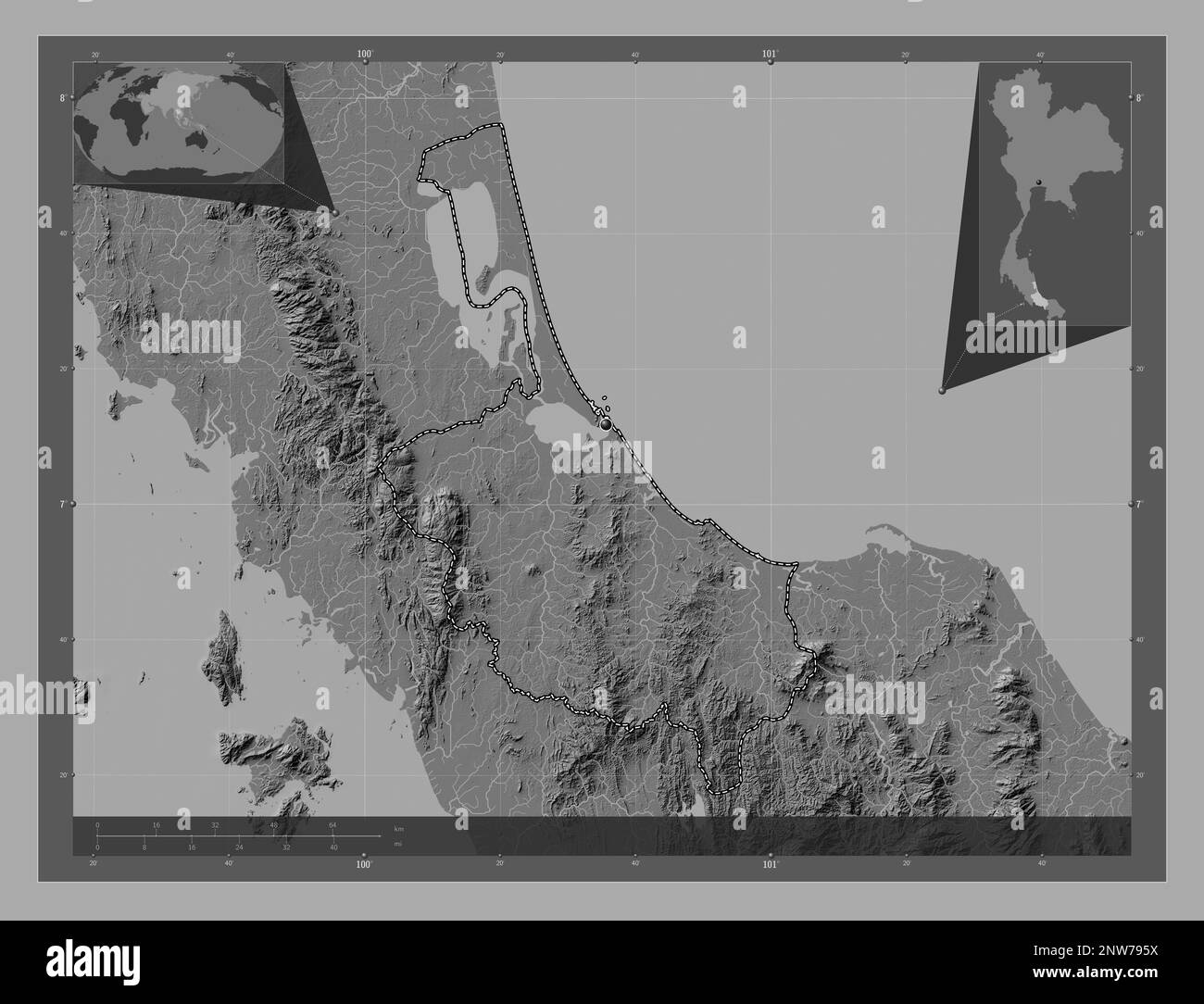 Songkhla, province of Thailand. Bilevel elevation map with lakes and ...