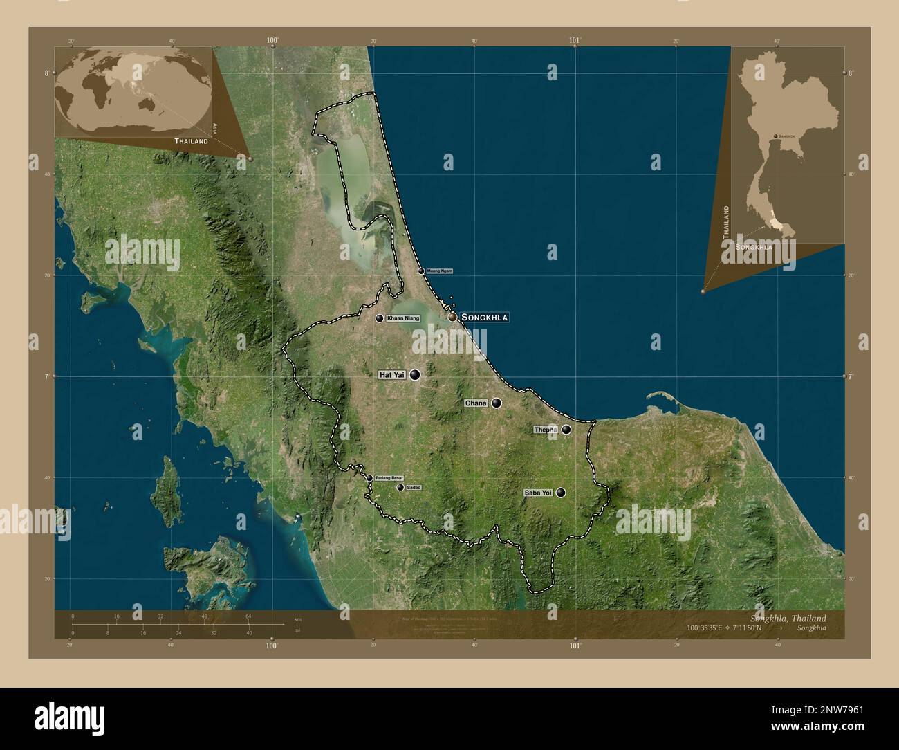Songkhla, province of Thailand. Low resolution satellite map. Locations ...