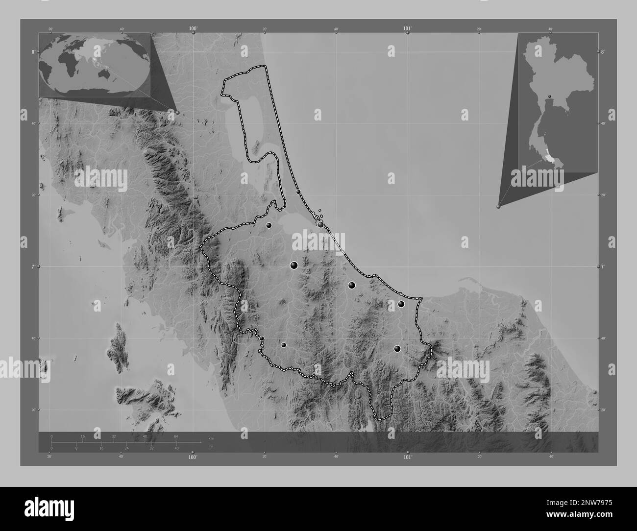 Songkhla, province of Thailand. Grayscale elevation map with lakes and ...