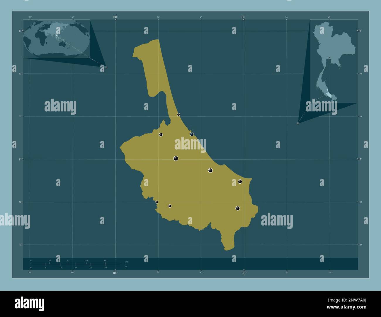 Songkhla, province of Thailand. Solid color shape. Locations of major ...