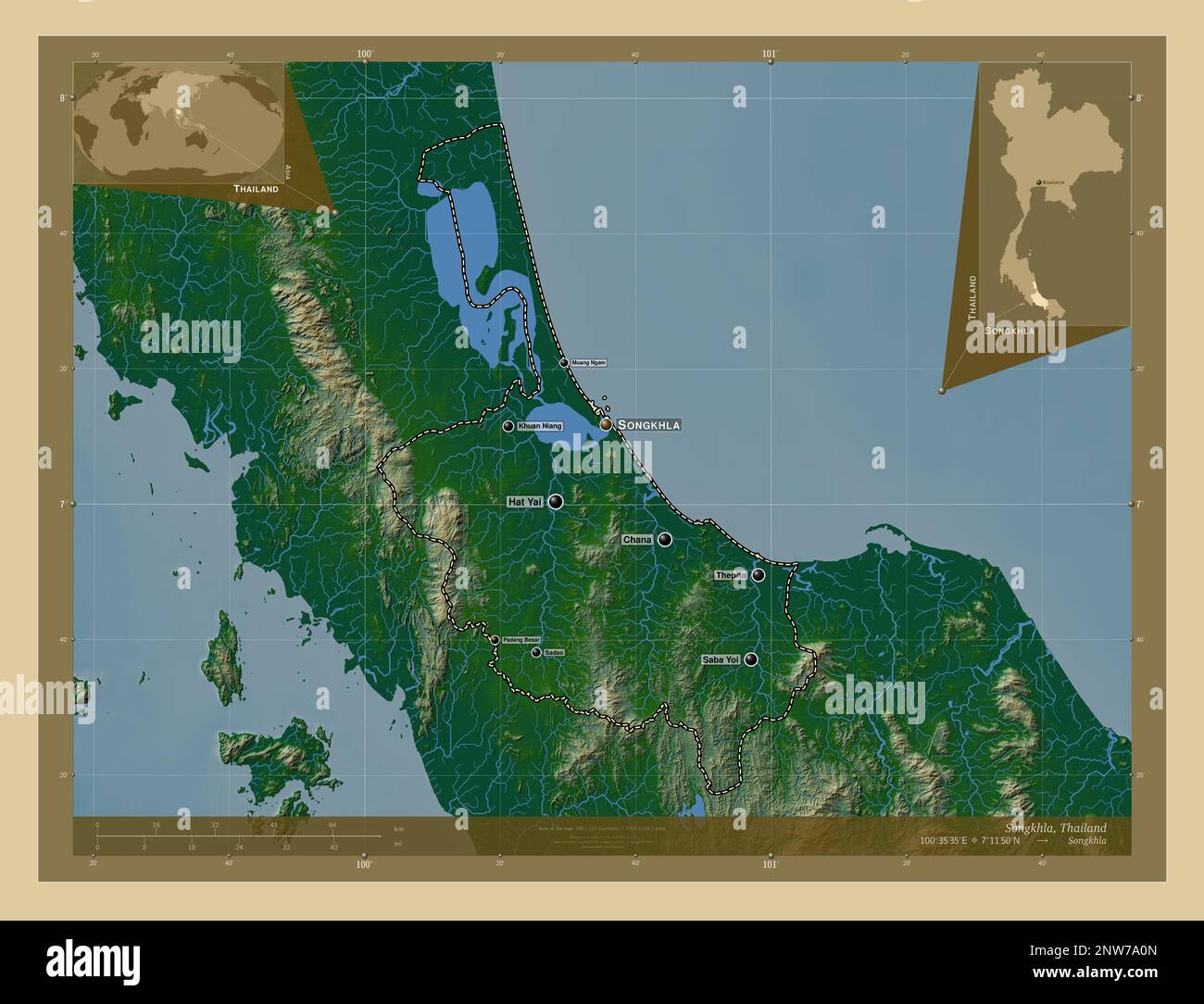 Songkhla, province of Thailand. Colored elevation map with lakes and ...