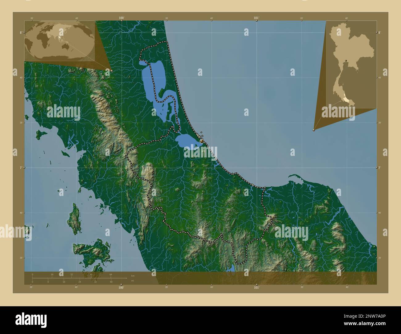 Songkhla, province of Thailand. Colored elevation map with lakes and ...