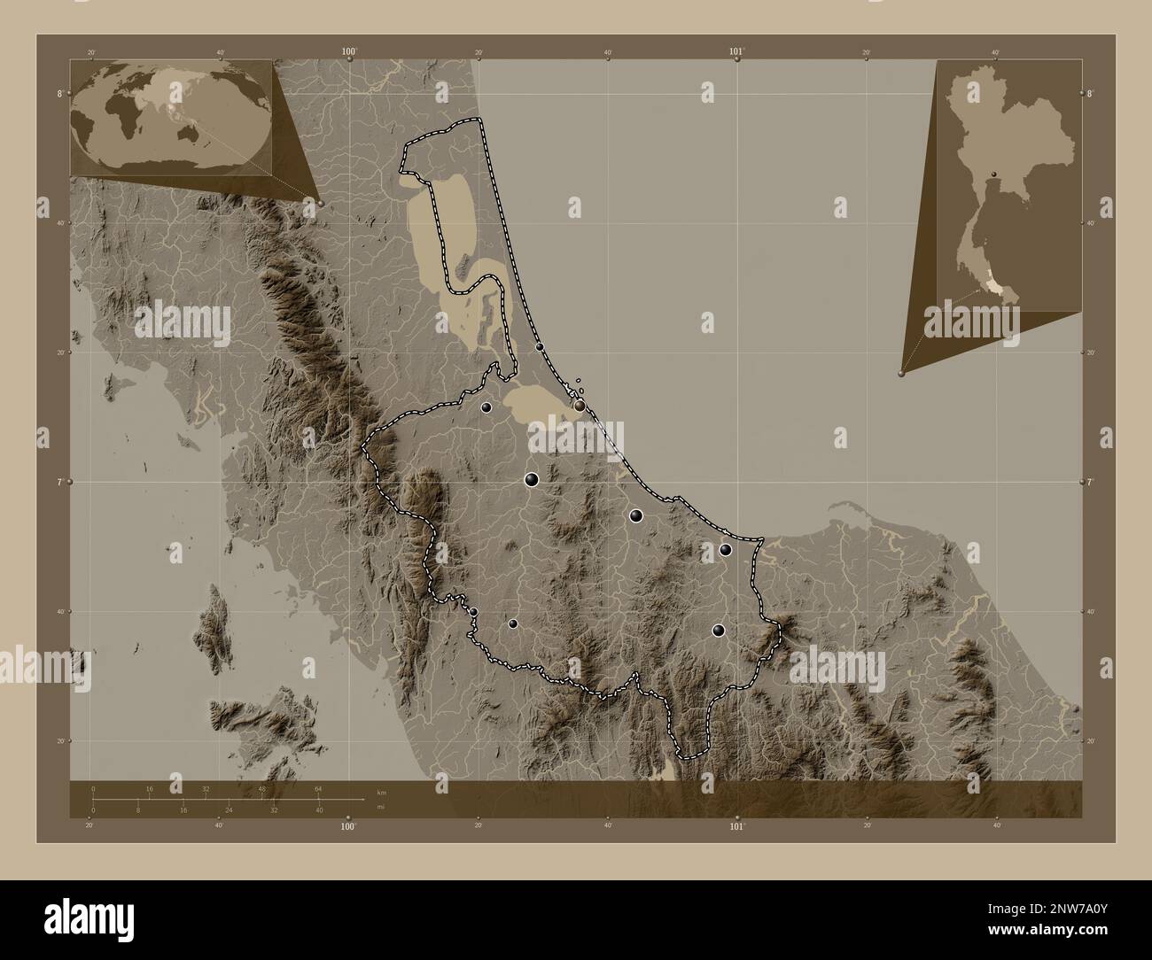 Songkhla, province of Thailand. Elevation map colored in sepia tones ...