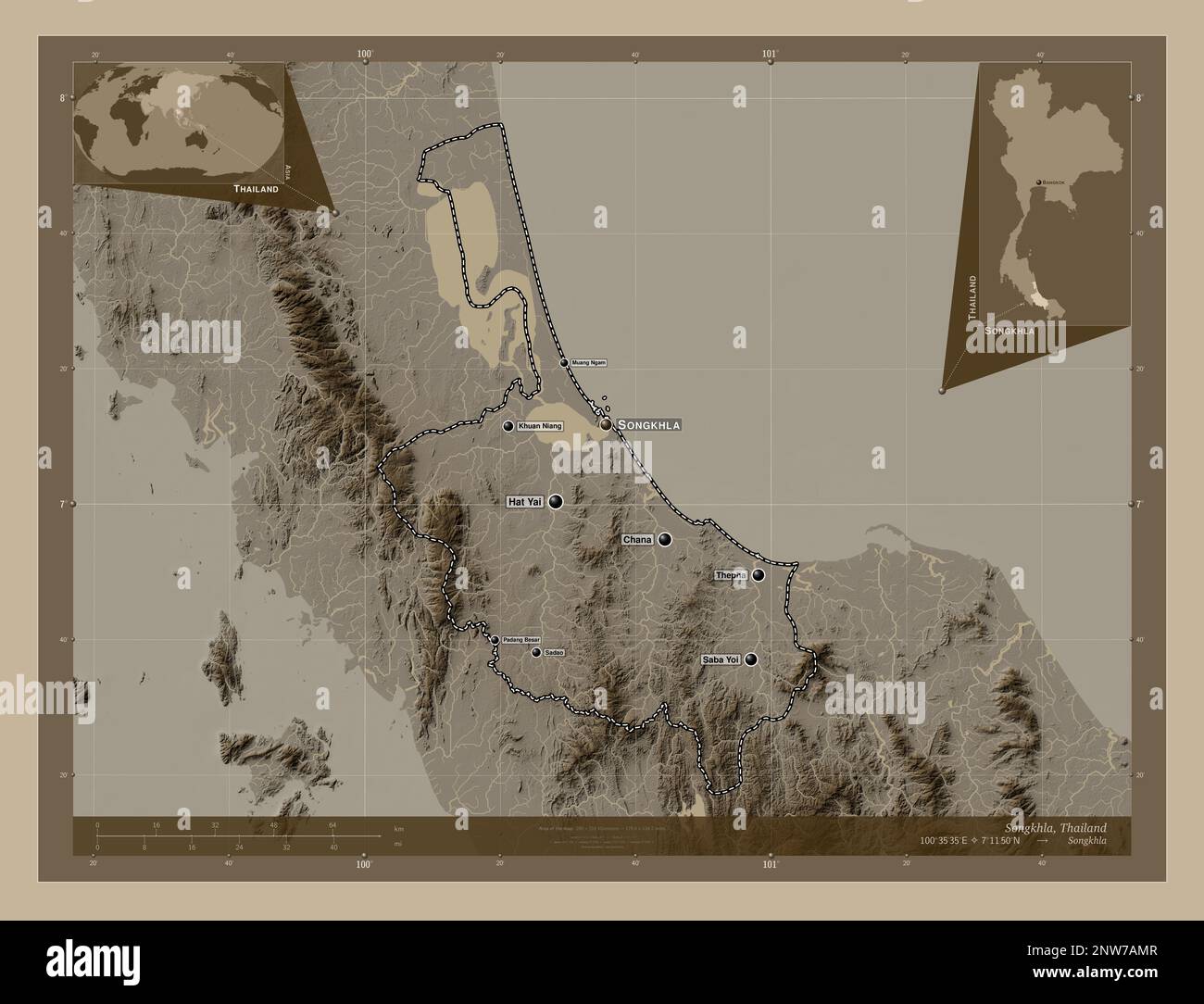 Songkhla, province of Thailand. Elevation map colored in sepia tones ...