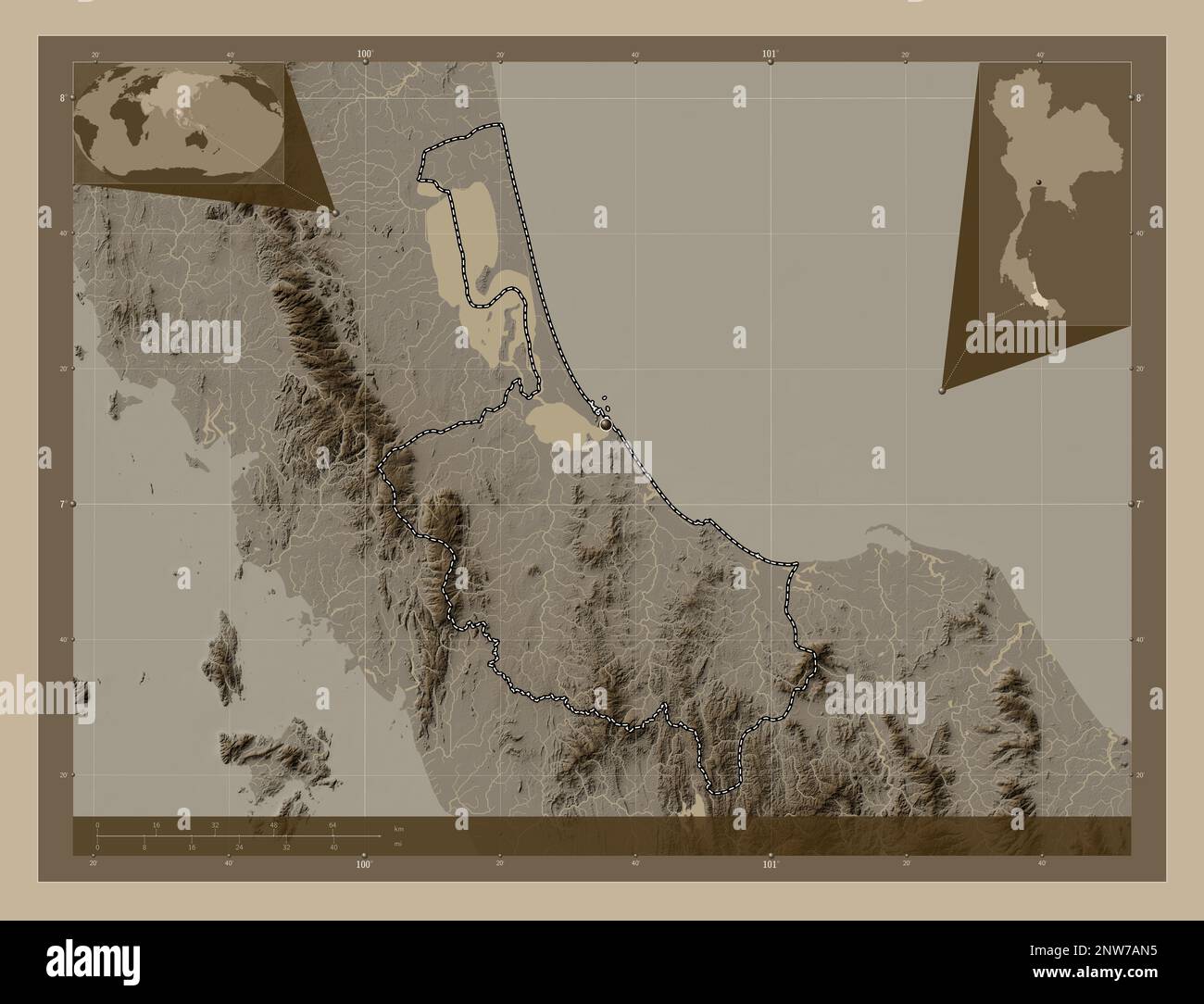 Songkhla, province of Thailand. Elevation map colored in sepia tones ...