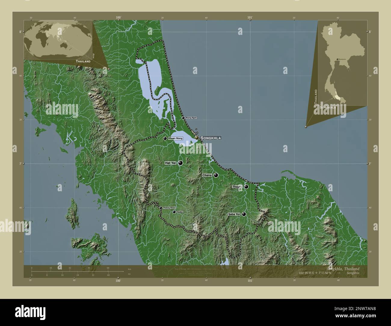 Songkhla, province of Thailand. Elevation map colored in wiki style ...