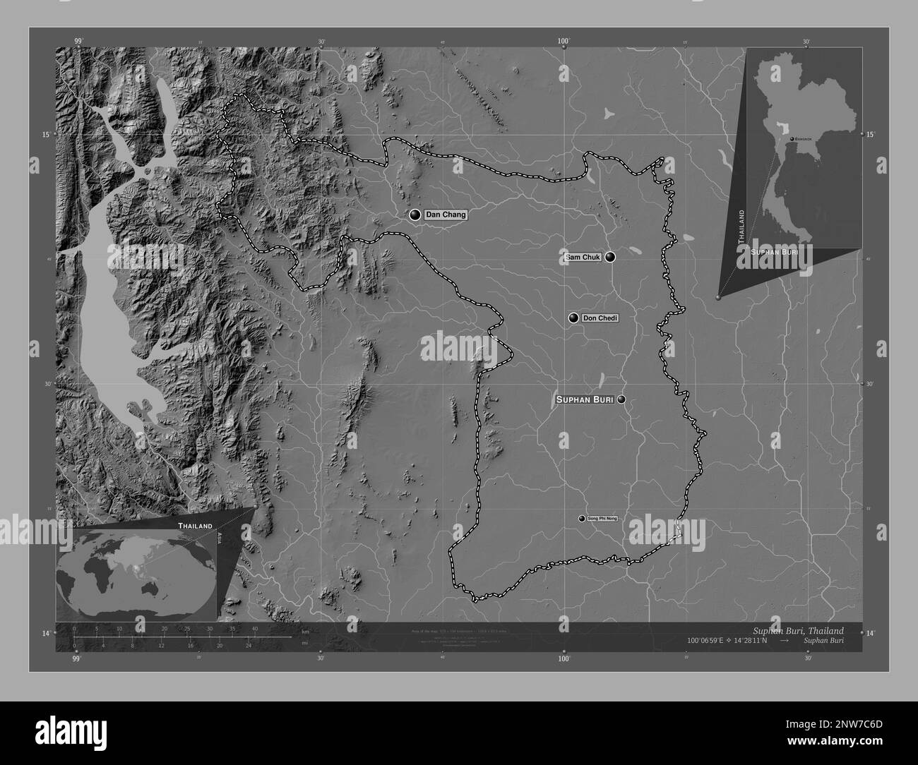 Suphan Buri, province of Thailand. Bilevel elevation map with lakes and ...