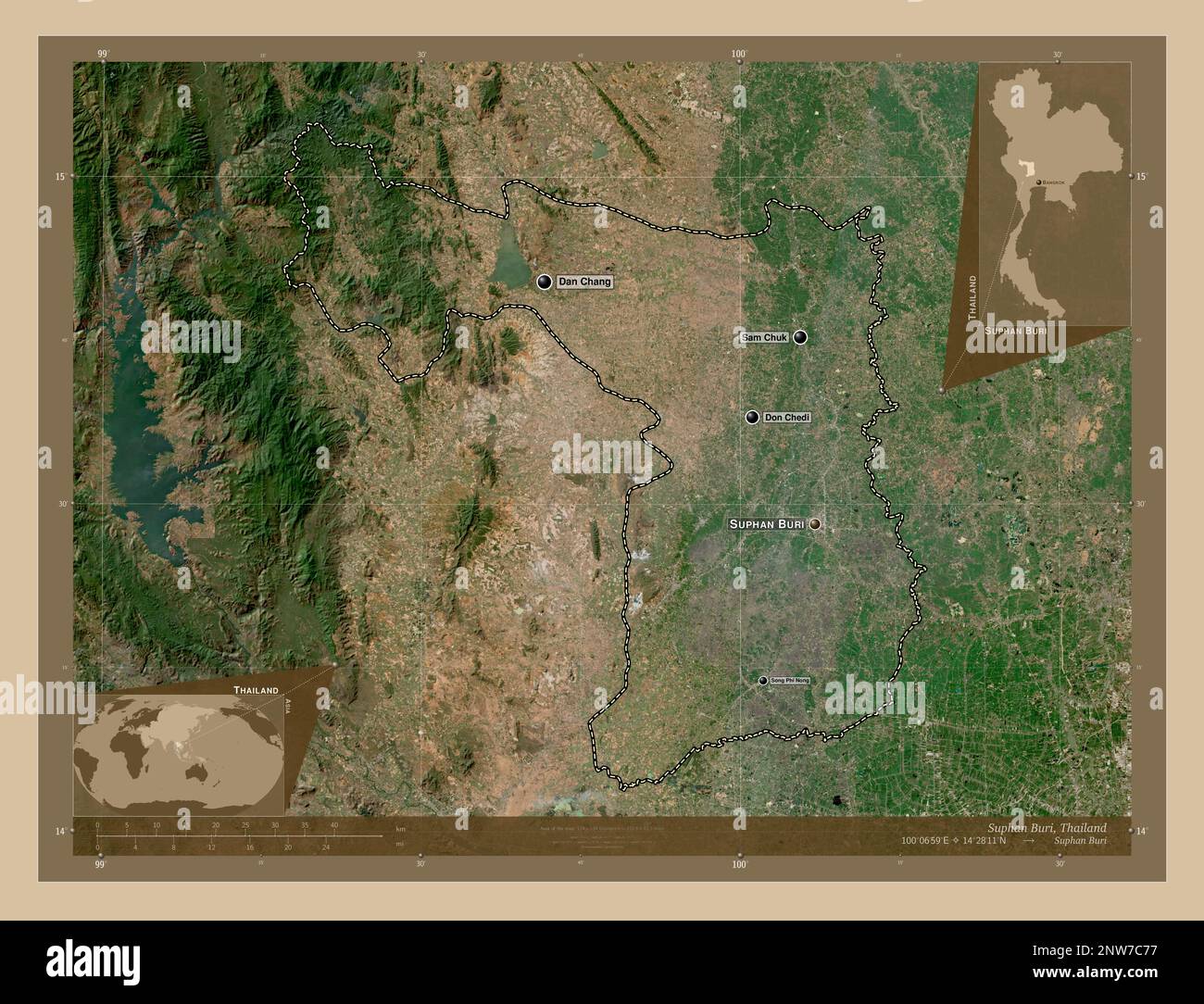 Suphan Buri, province of Thailand. Low resolution satellite map ...