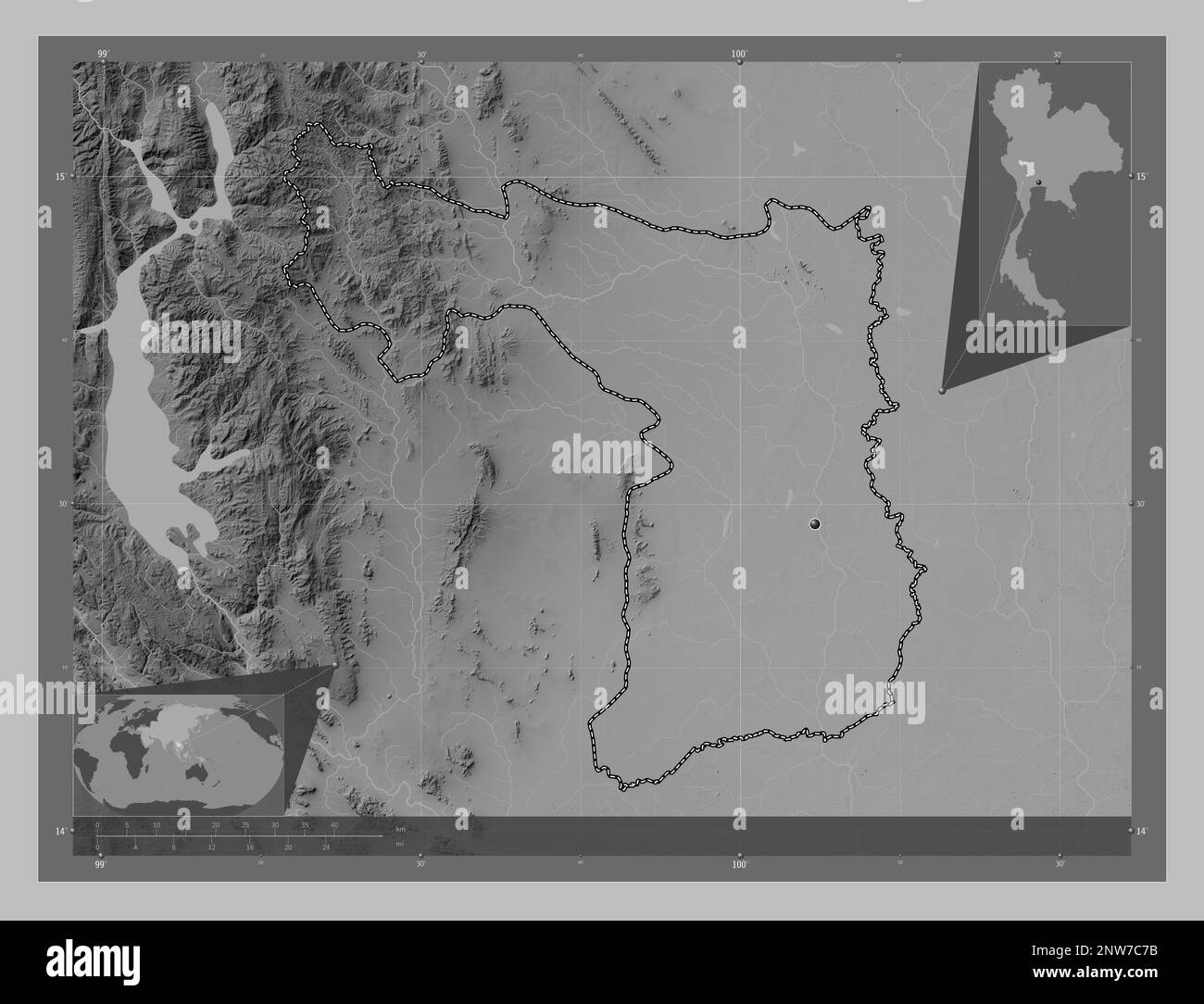 Suphan Buri, province of Thailand. Grayscale elevation map with lakes ...