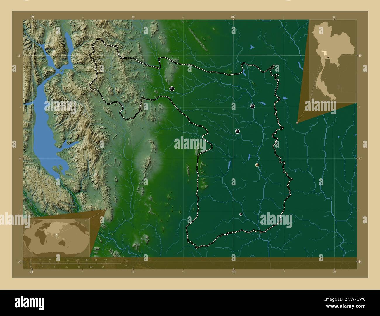 Suphan Buri, province of Thailand. Colored elevation map with lakes and ...