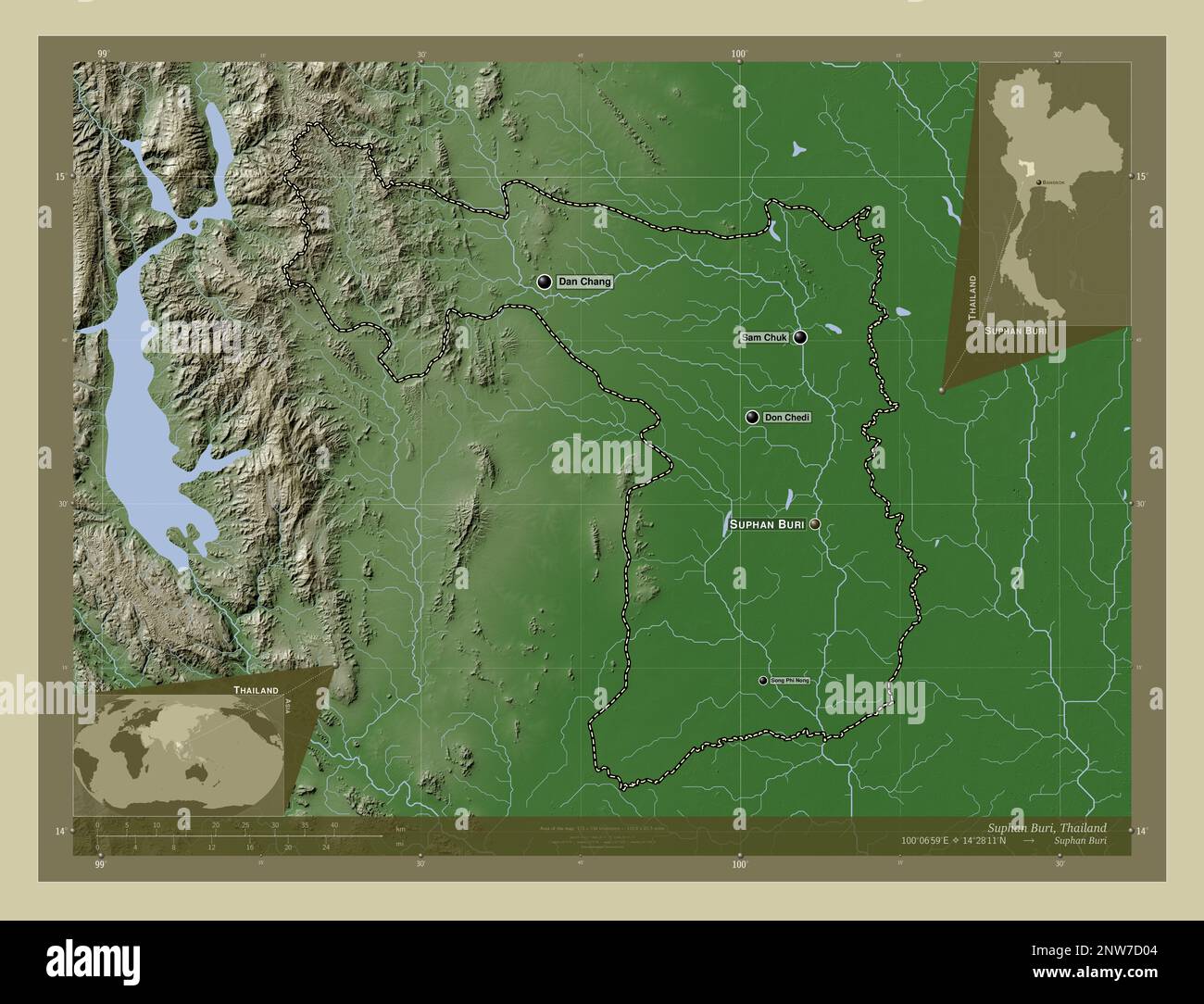Suphan Buri, province of Thailand. Elevation map colored in wiki style ...