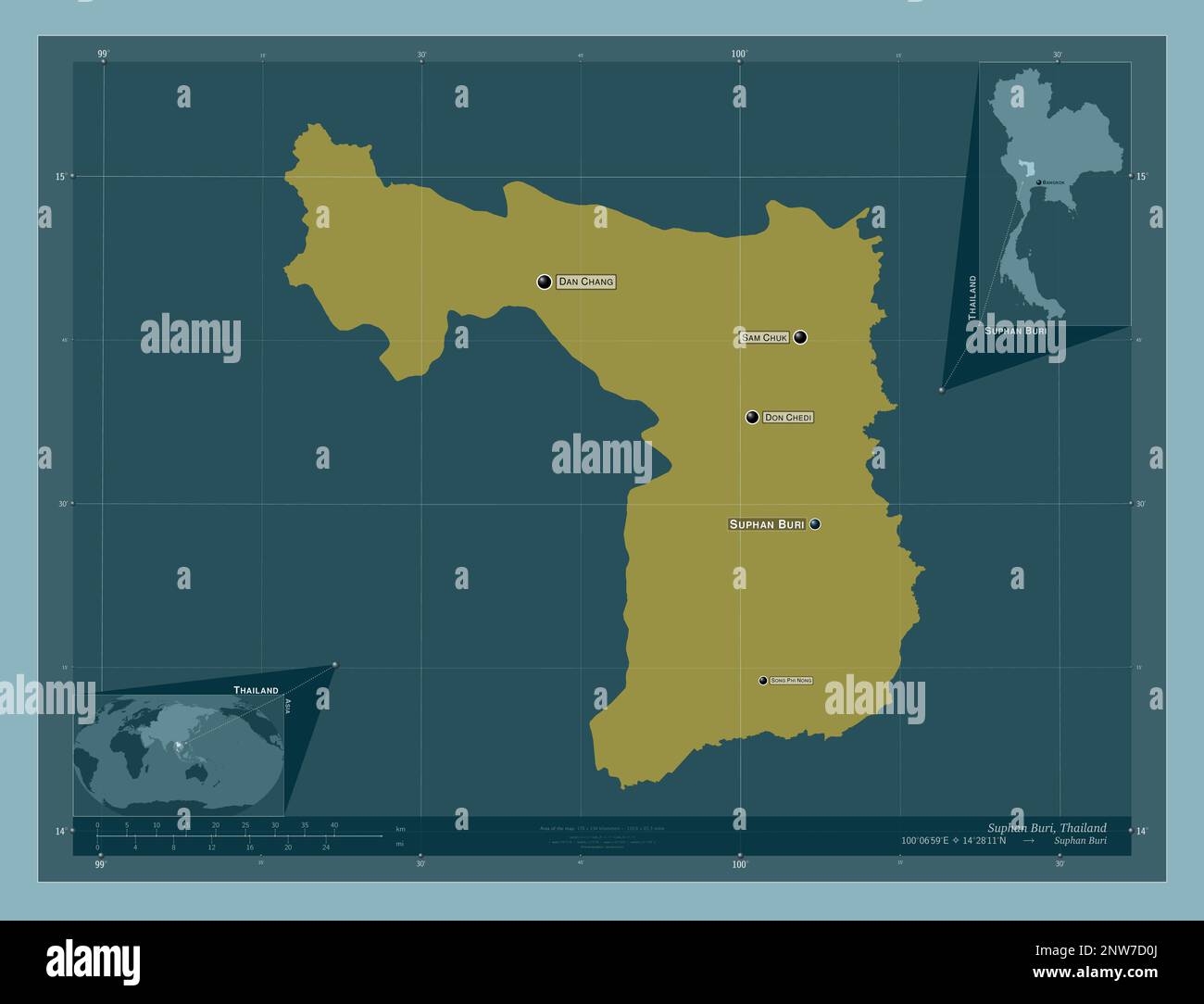 Suphan Buri, province of Thailand. Solid color shape. Locations and ...