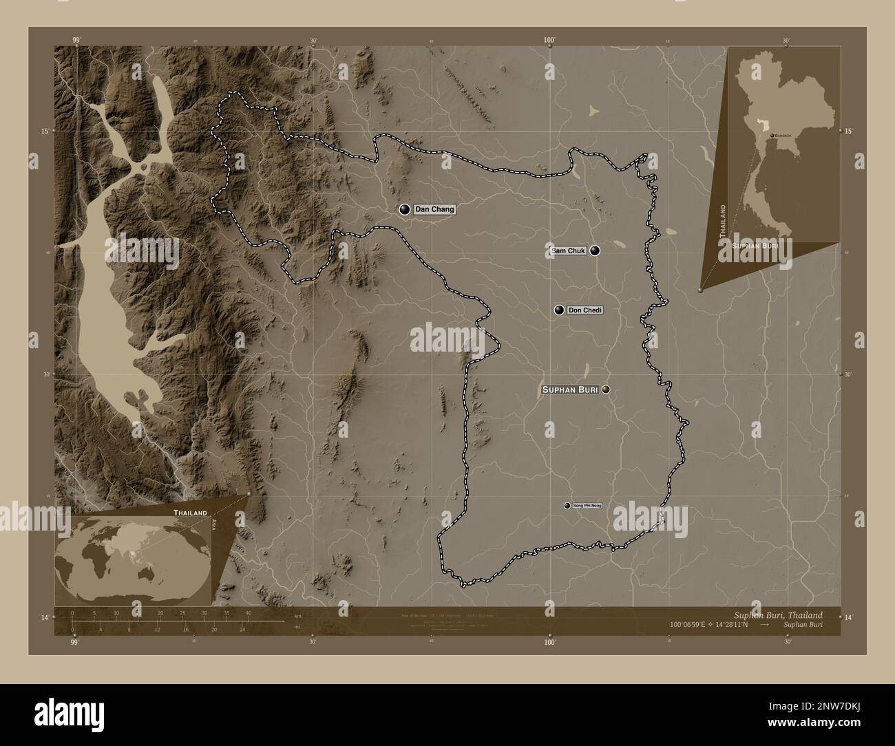 Suphan Buri, province of Thailand. Elevation map colored in sepia tones ...