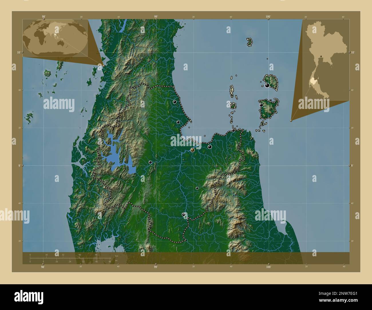 Surat Thani, province of Thailand. Colored elevation map with lakes and ...