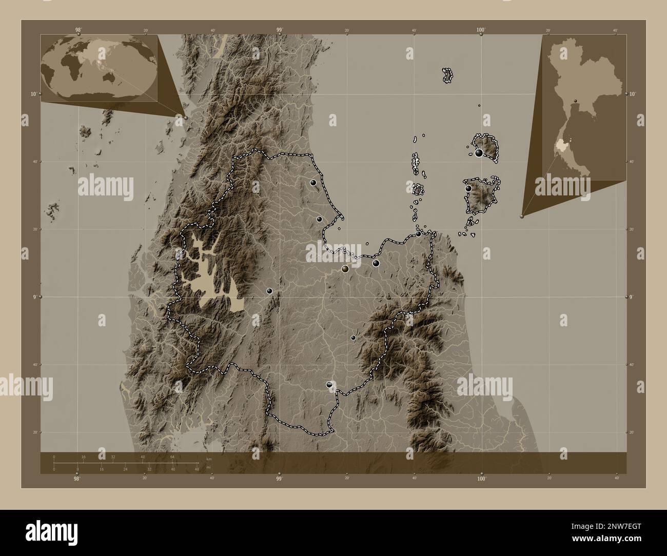Surat Thani, province of Thailand. Elevation map colored in sepia tones ...