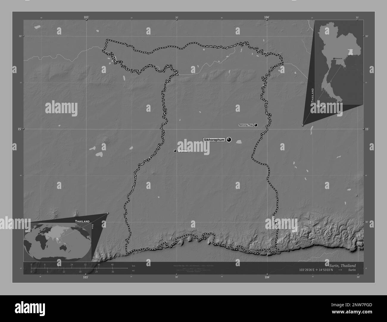 Surin, province of Thailand. Bilevel elevation map with lakes and ...