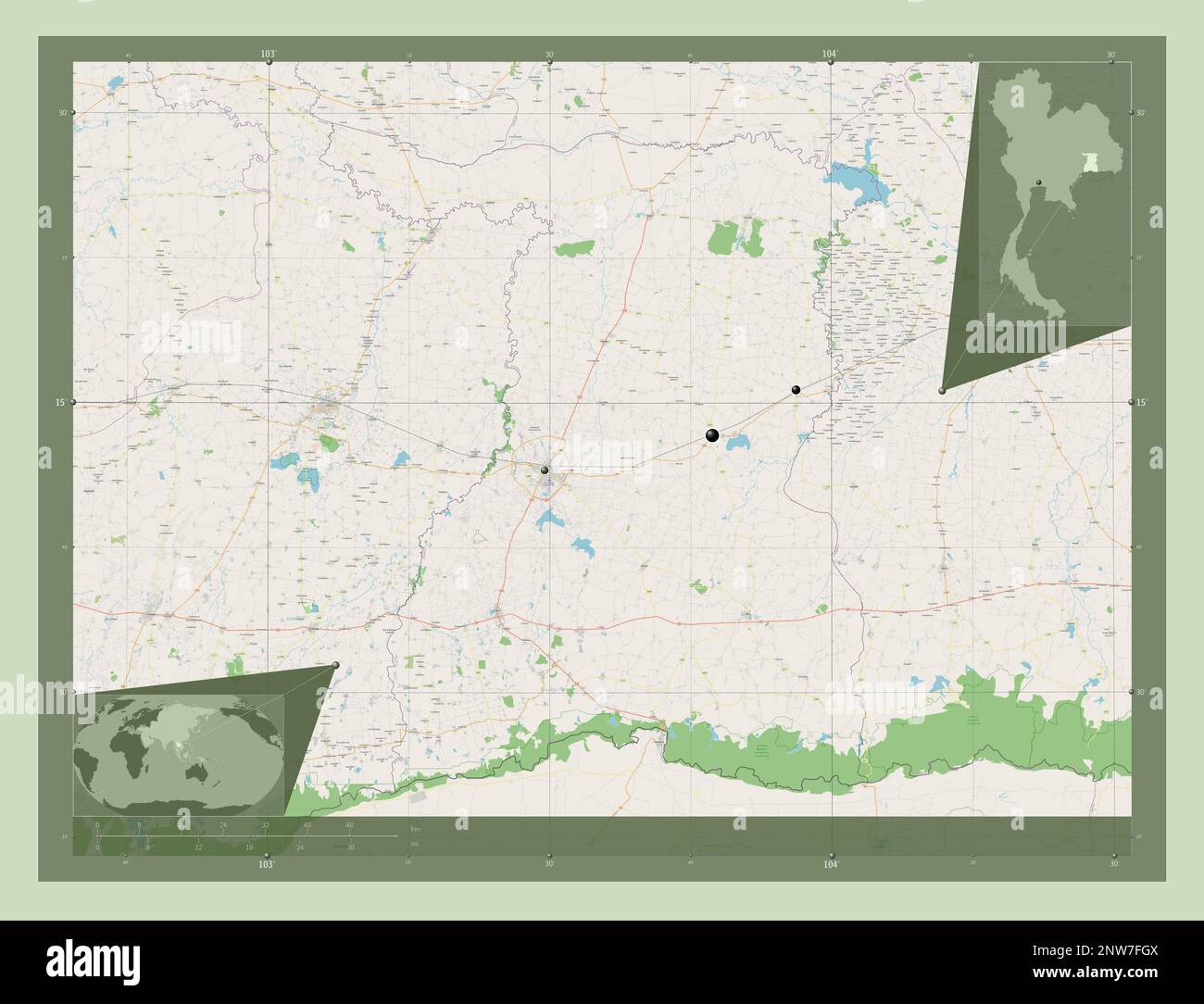 Surin, province of Thailand. Open Street Map. Locations of major cities ...