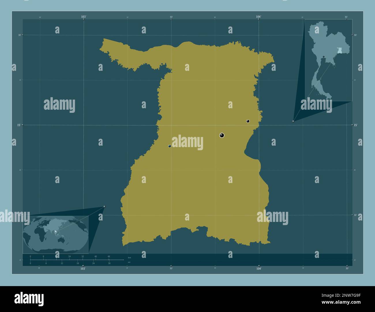 Surin, province of Thailand. Solid color shape. Locations of major ...