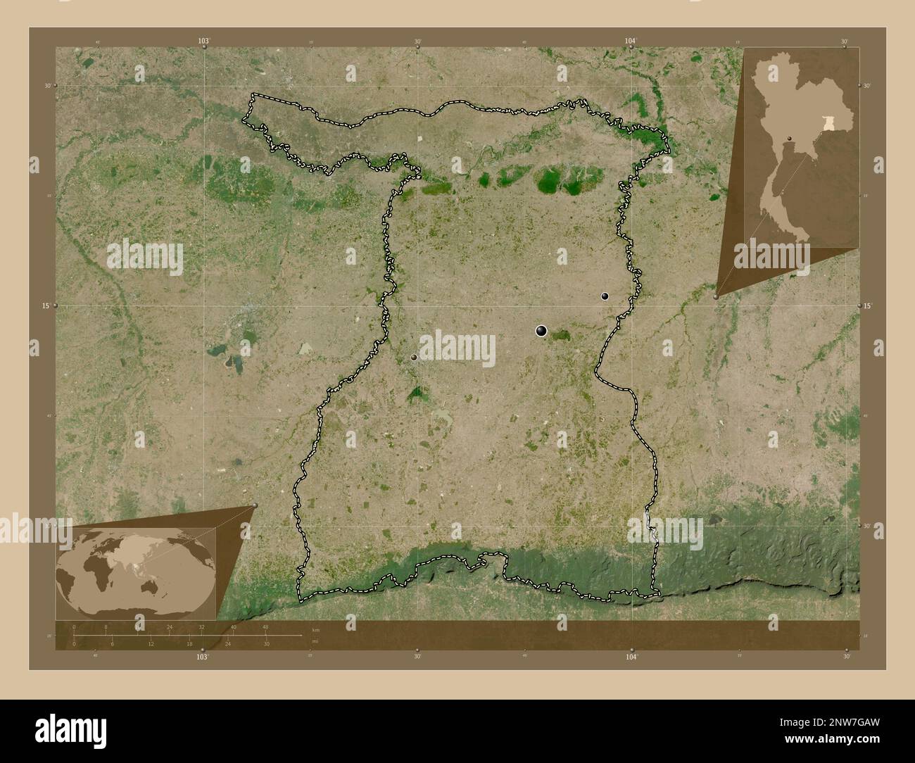 Surin, province of Thailand. Low resolution satellite map. Locations of ...