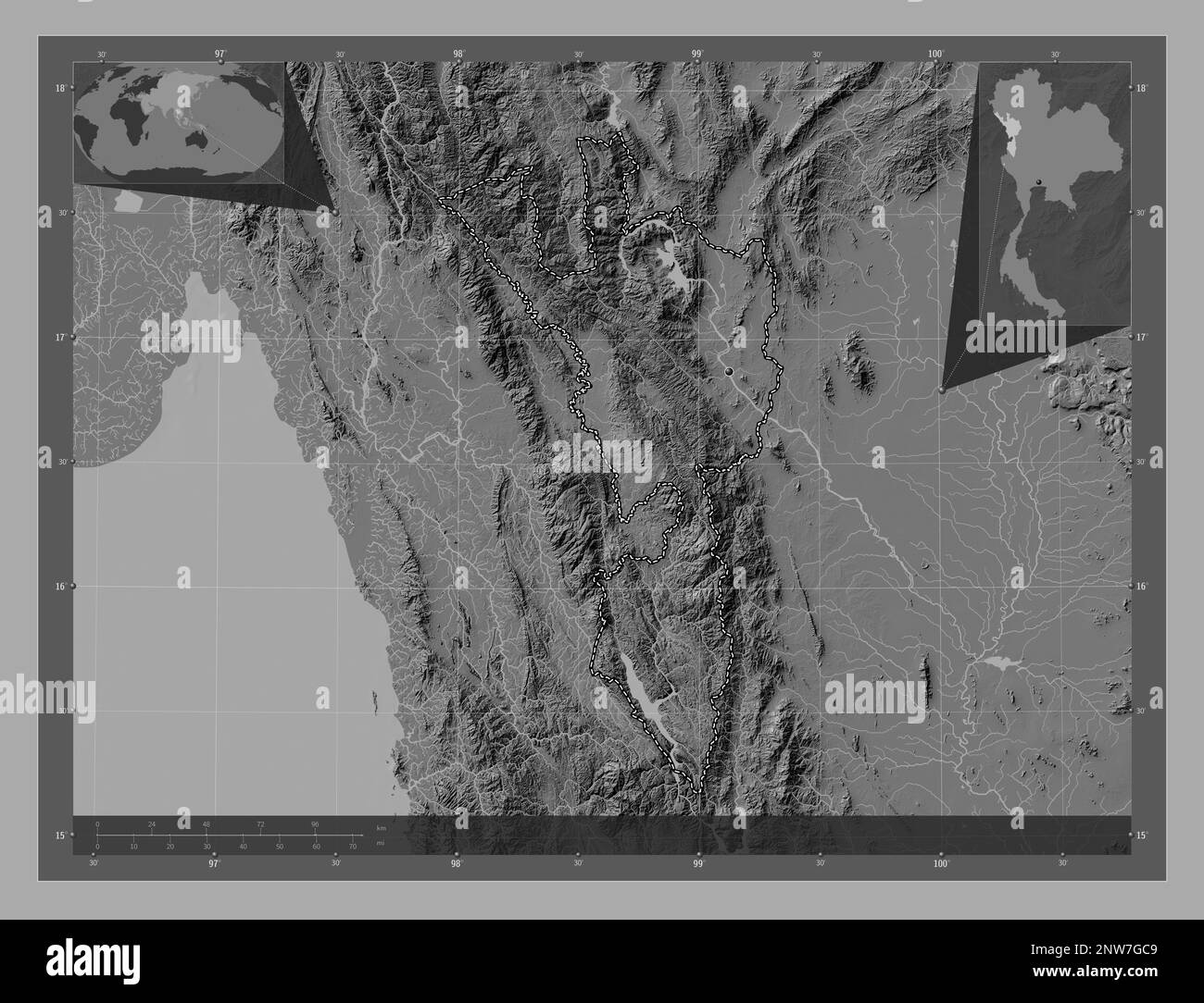 Tak, province of Thailand. Bilevel elevation map with lakes and rivers ...