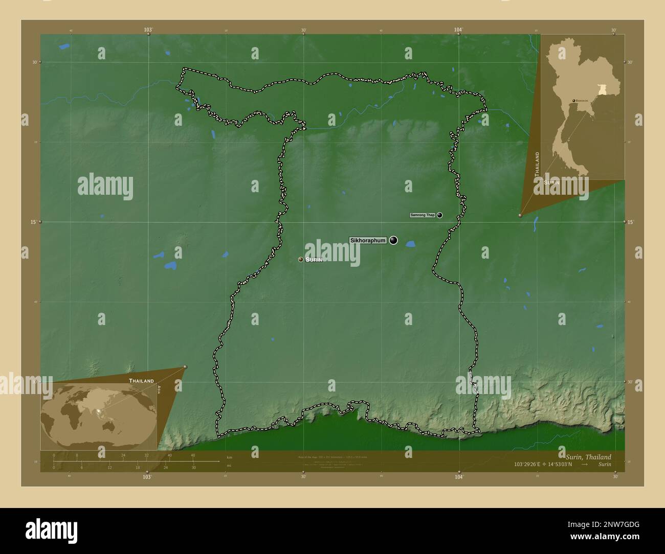 Surin, province of Thailand. Colored elevation map with lakes and ...