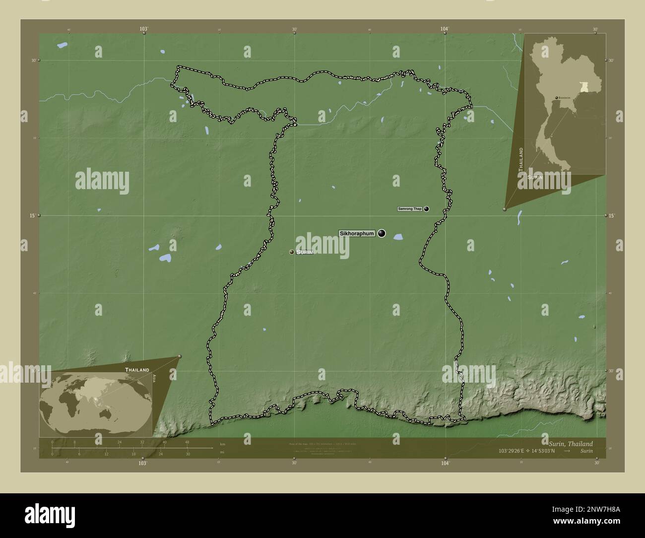 Surin, province of Thailand. Elevation map colored in wiki style with ...