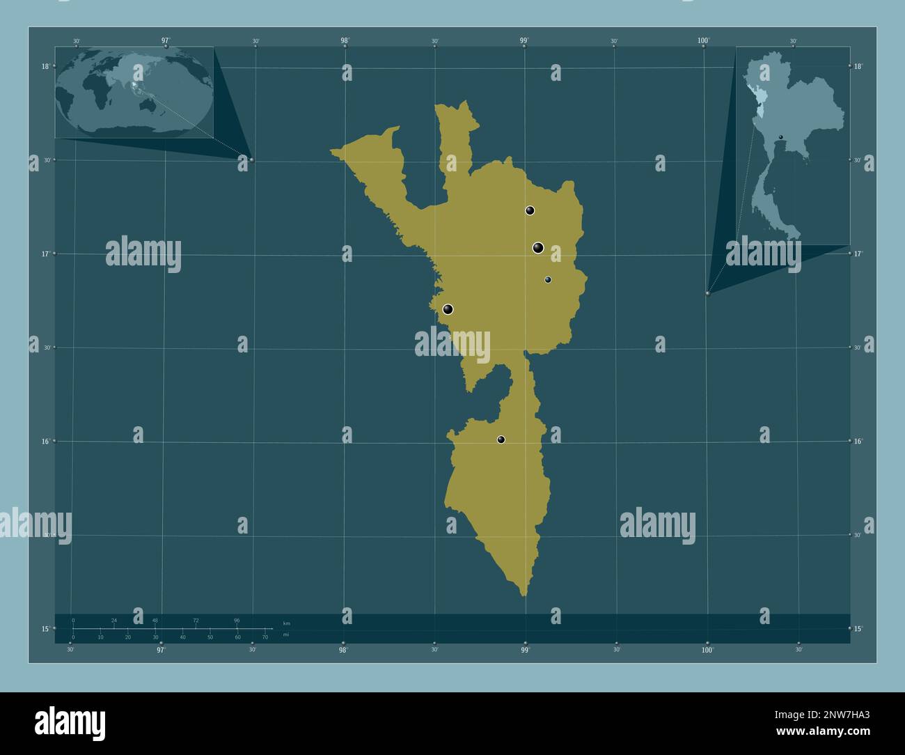 Tak, province of Thailand. Solid color shape. Locations of major cities ...