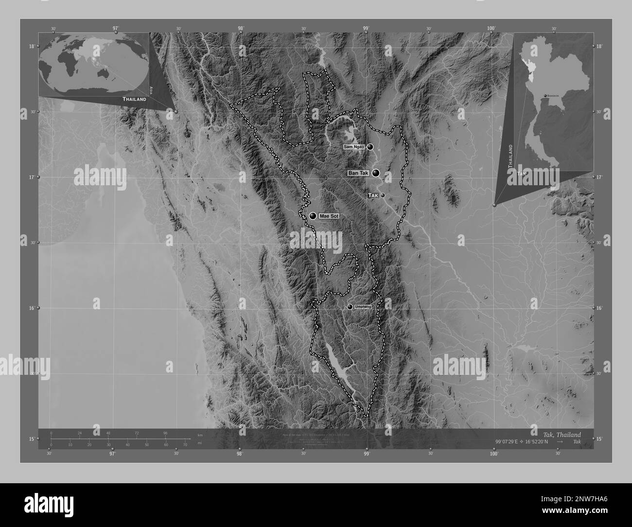 Tak, province of Thailand. Grayscale elevation map with lakes and ...
