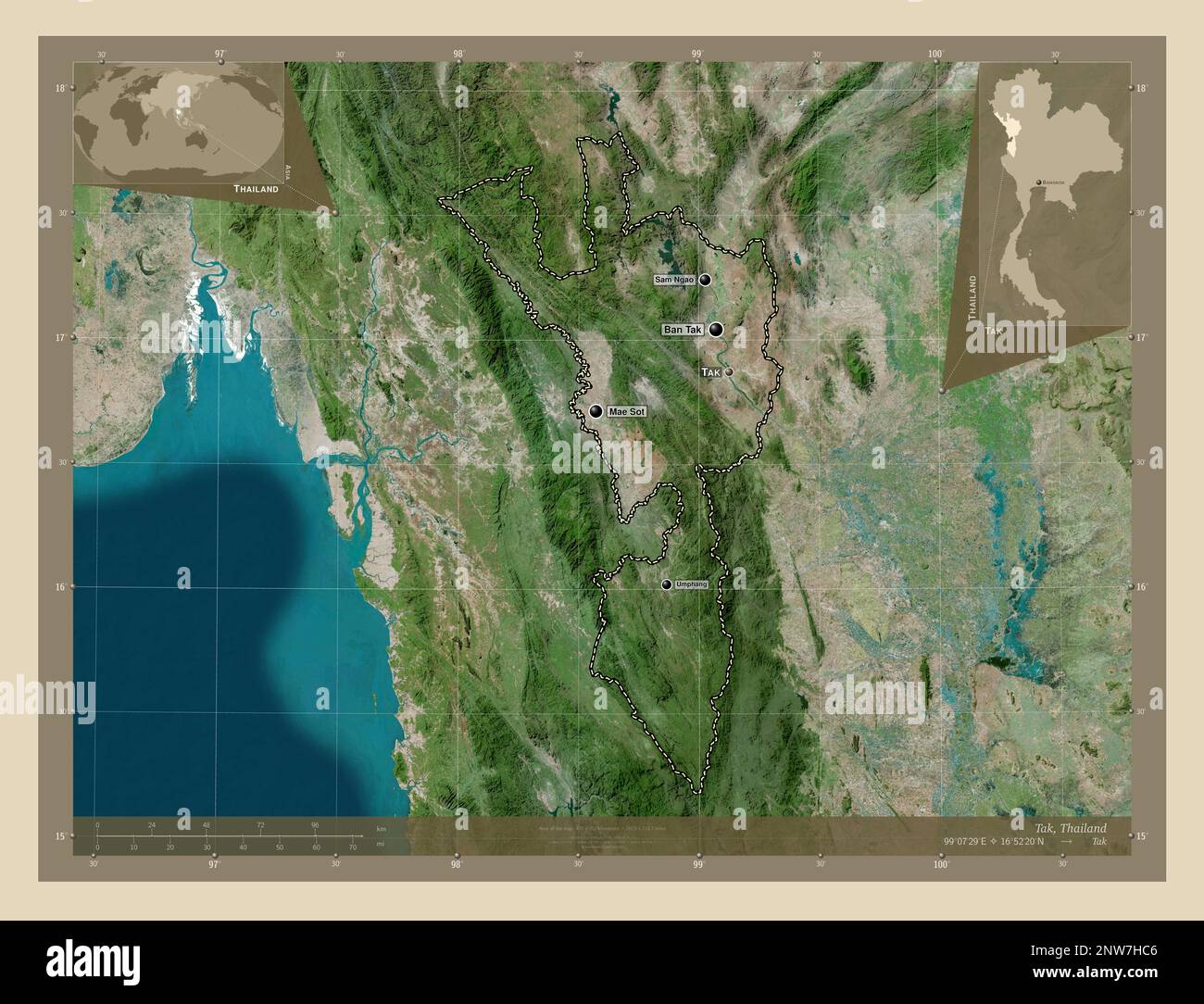 Tak, province of Thailand. High resolution satellite map. Locations and ...