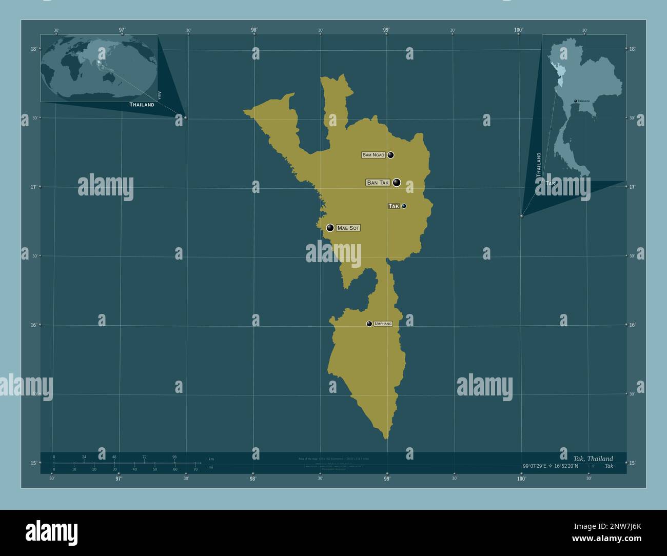 Tak, province of Thailand. Solid color shape. Locations and names of ...