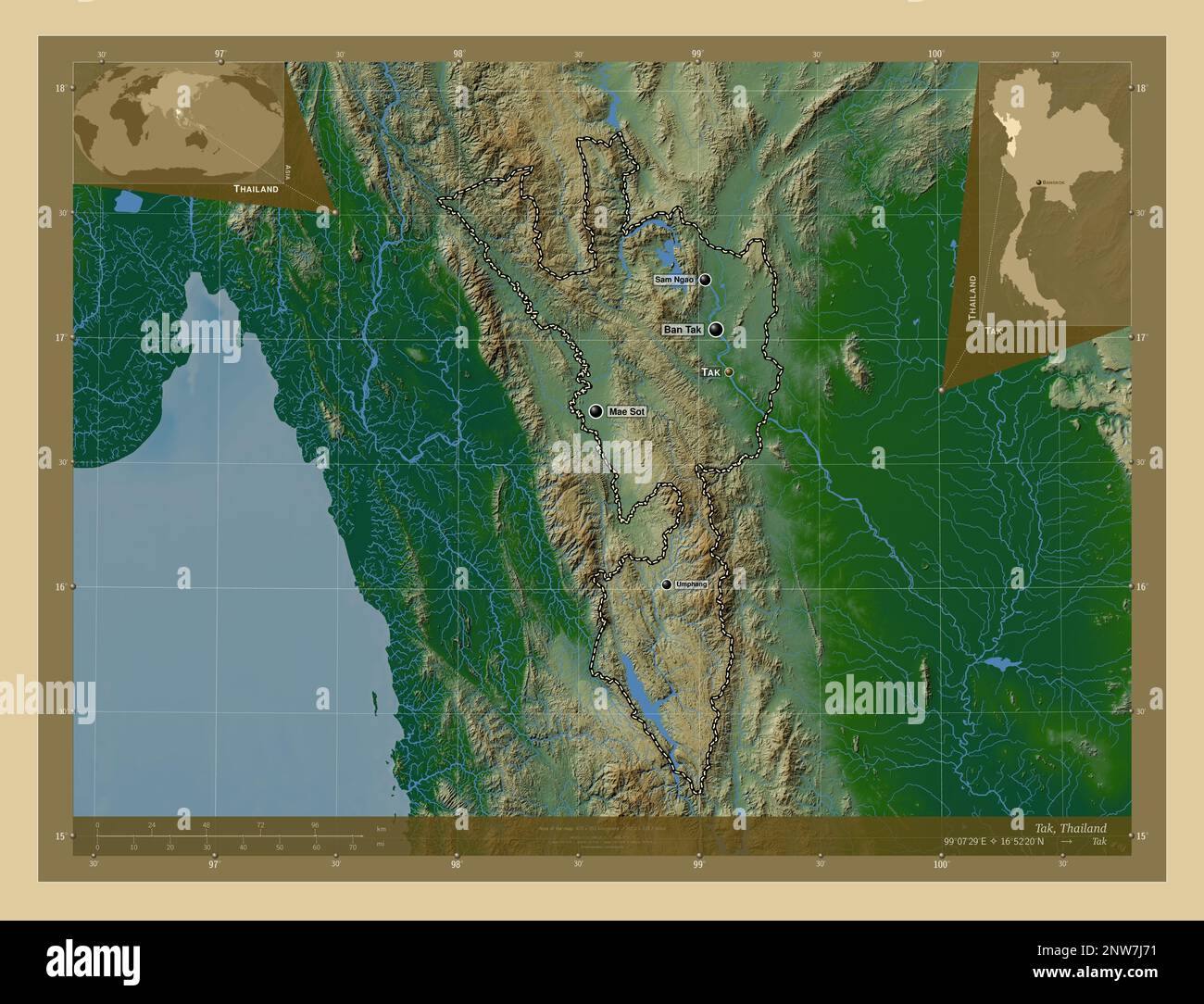 Tak, province of Thailand. Colored elevation map with lakes and rivers ...
