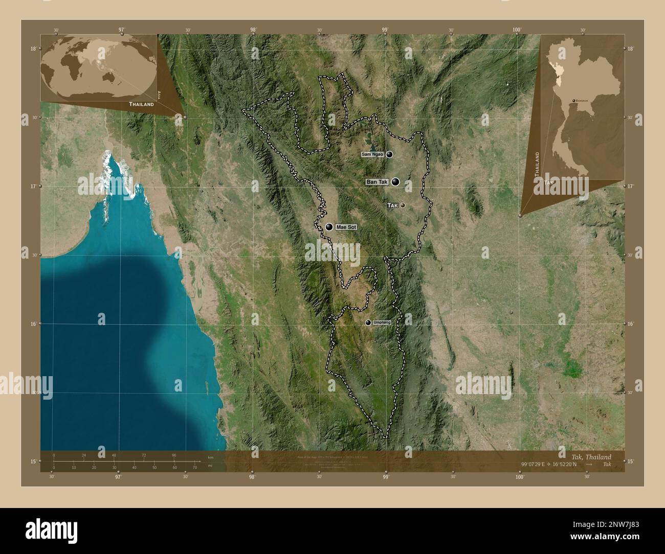 Tak, province of Thailand. Low resolution satellite map. Locations and ...