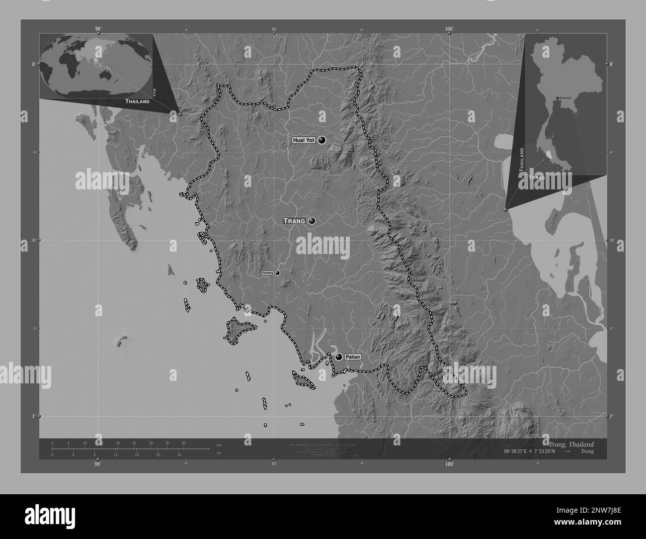 Trang, province of Thailand. Bilevel elevation map with lakes and ...