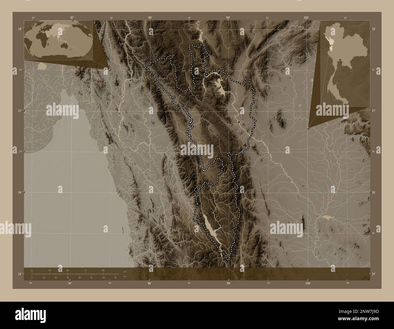 Tak, province of Thailand. Elevation map colored in sepia tones with ...