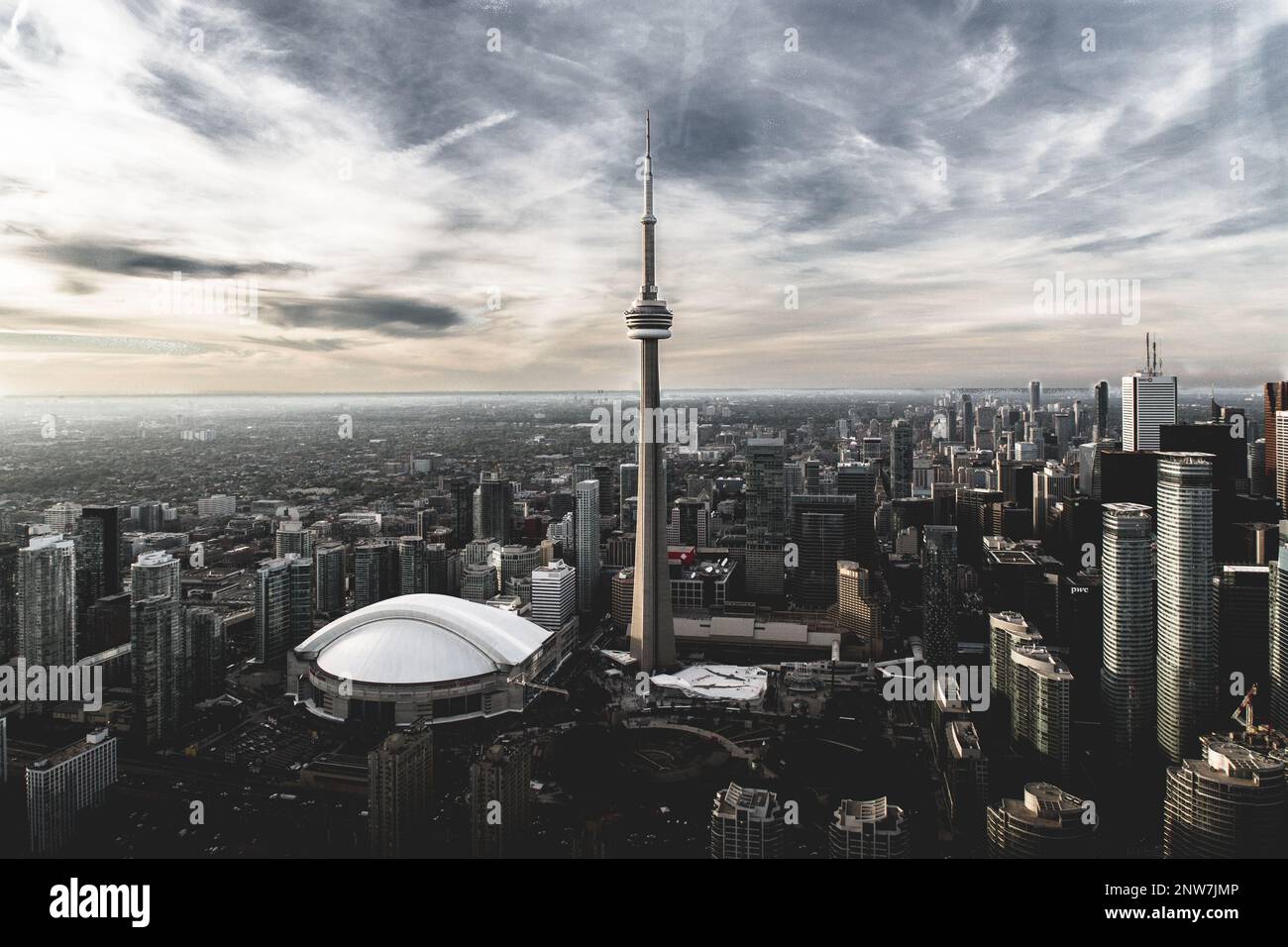 View of the Toronto Skyline and the CN Tower from a helicopter Stock ...