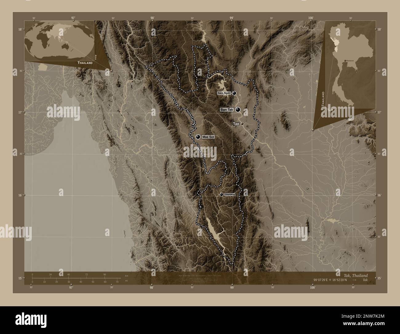 Tak, province of Thailand. Elevation map colored in sepia tones with ...