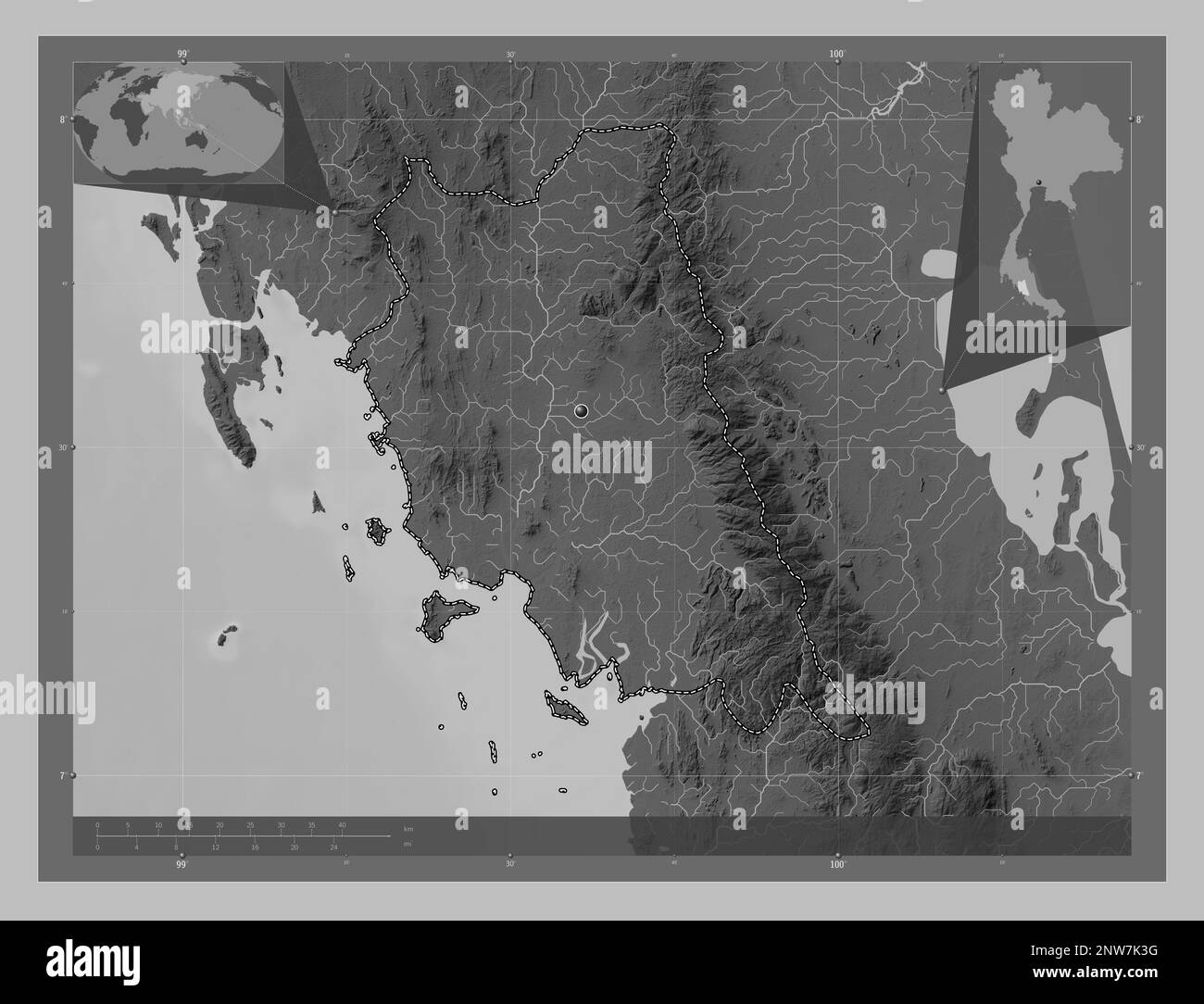 Trang, province of Thailand. Grayscale elevation map with lakes and ...