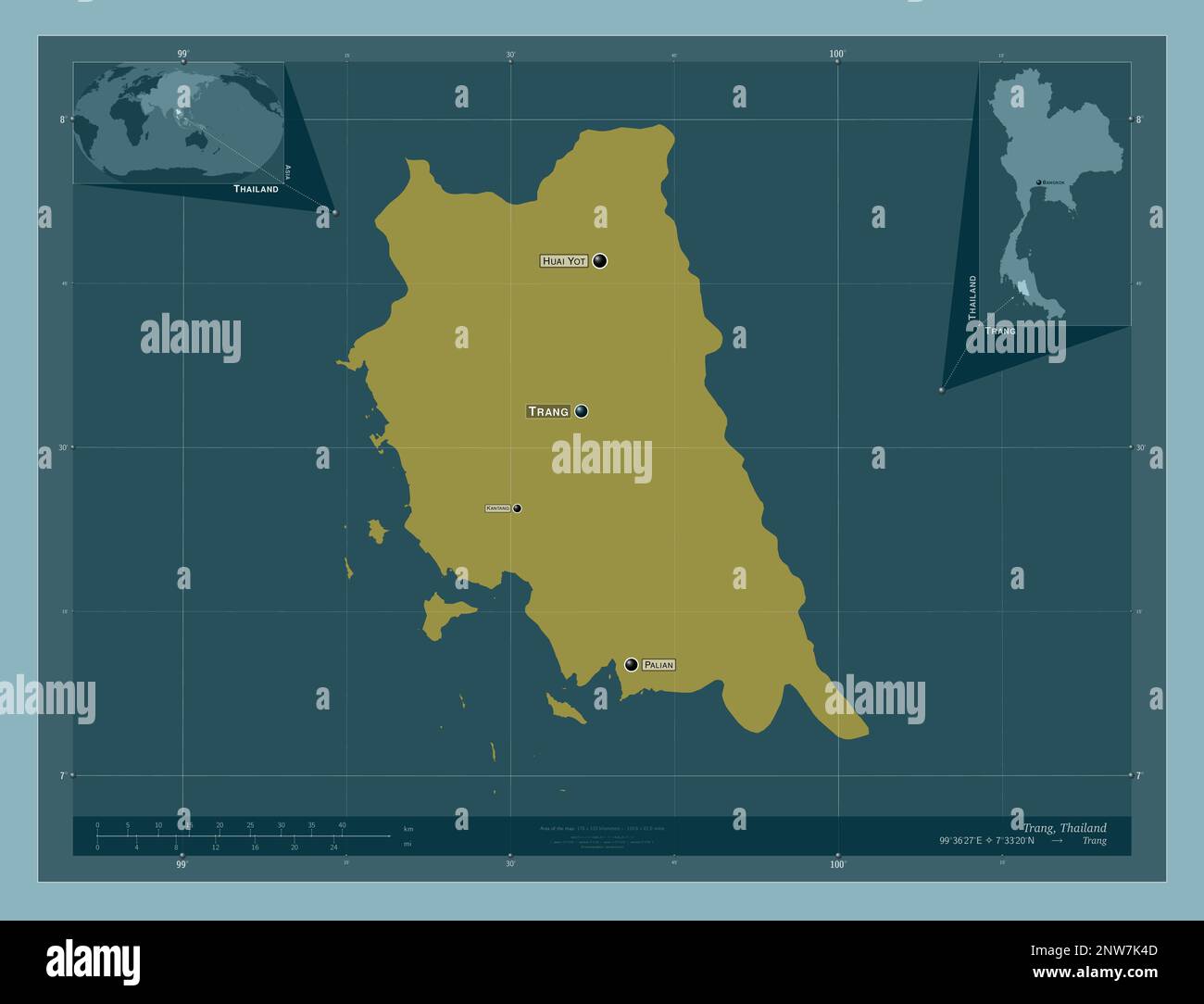 Trang, province of Thailand. Solid color shape. Locations and names of ...