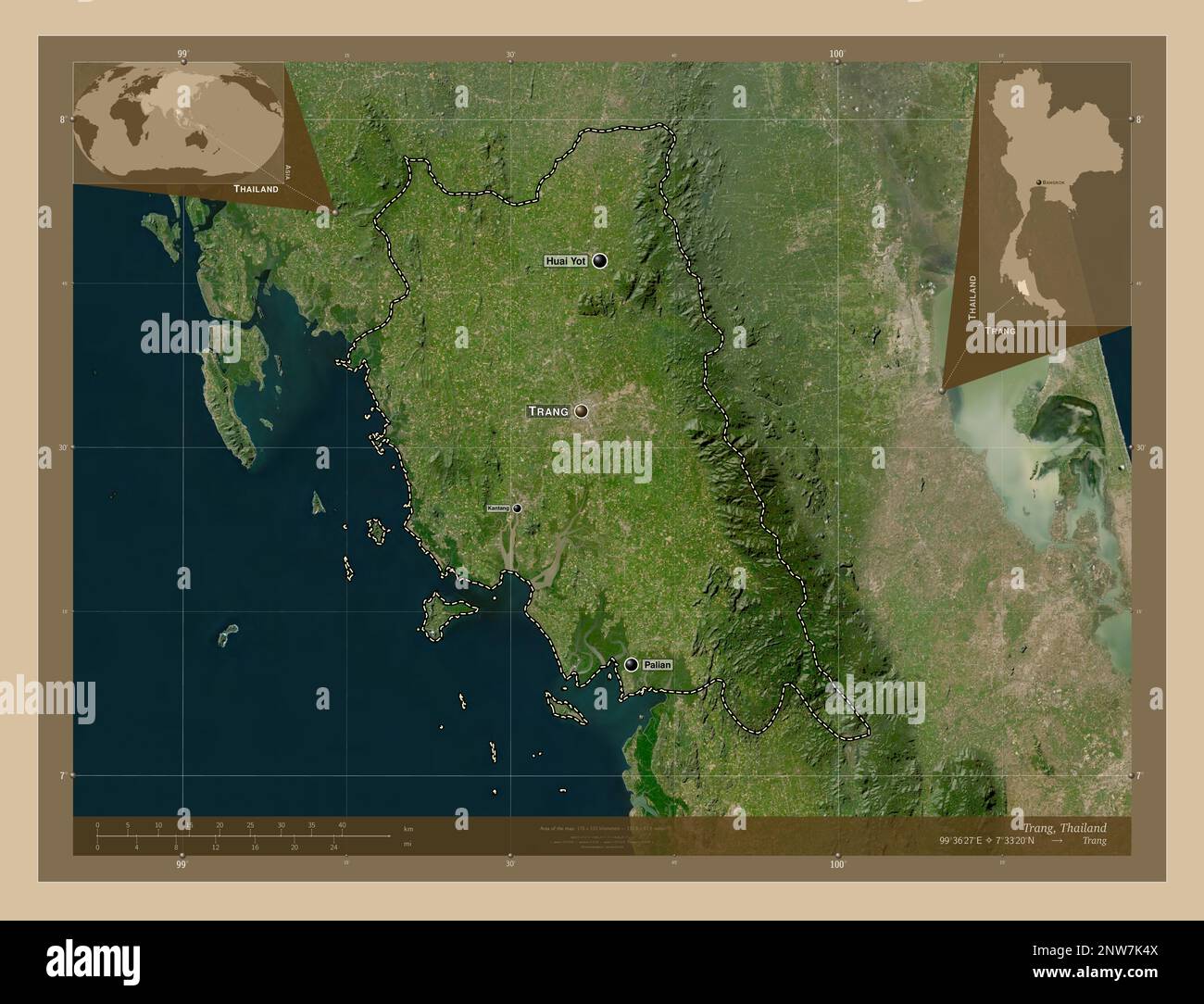 Trang, province of Thailand. Low resolution satellite map. Locations ...