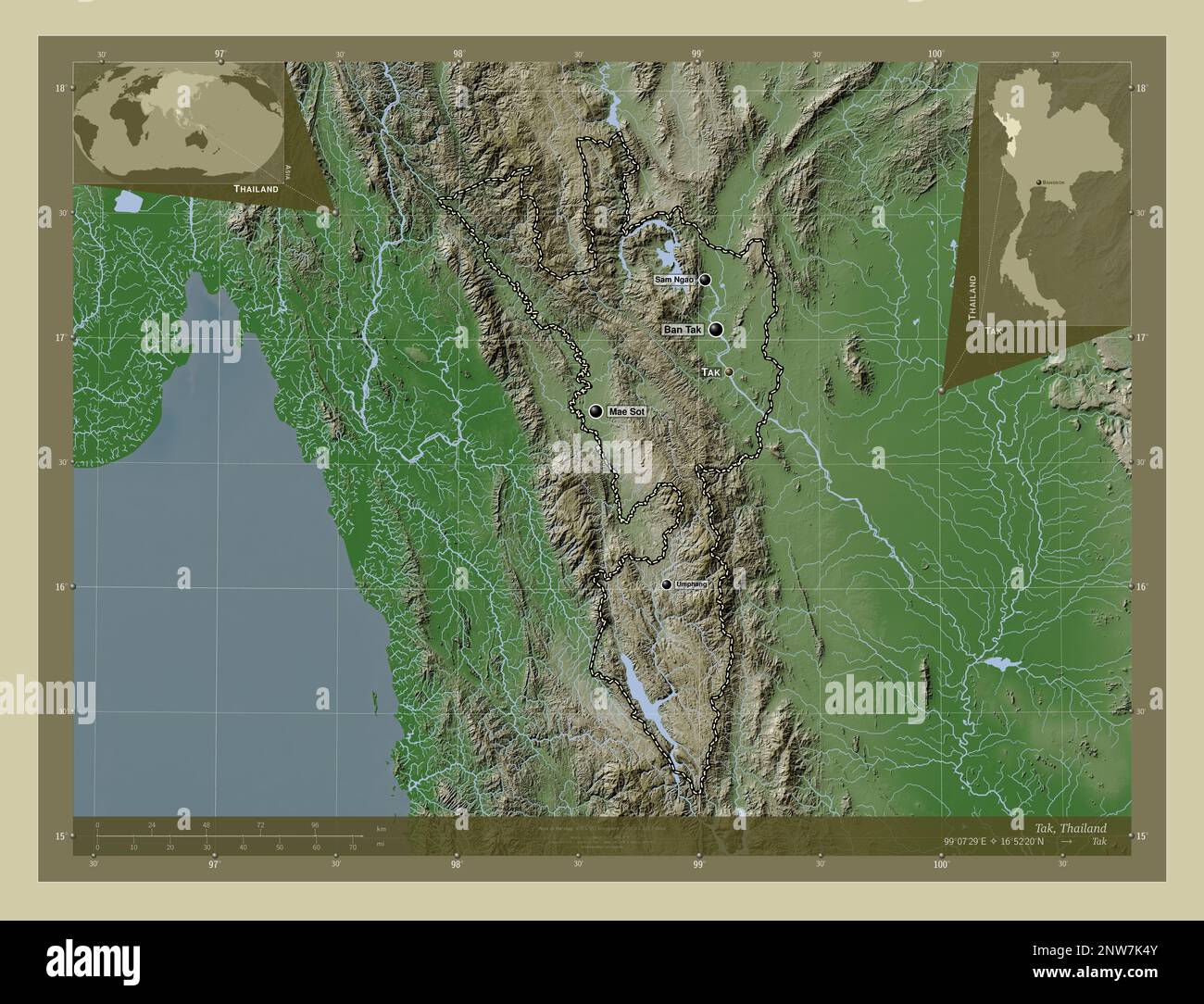 Tak, province of Thailand. Elevation map colored in wiki style with ...