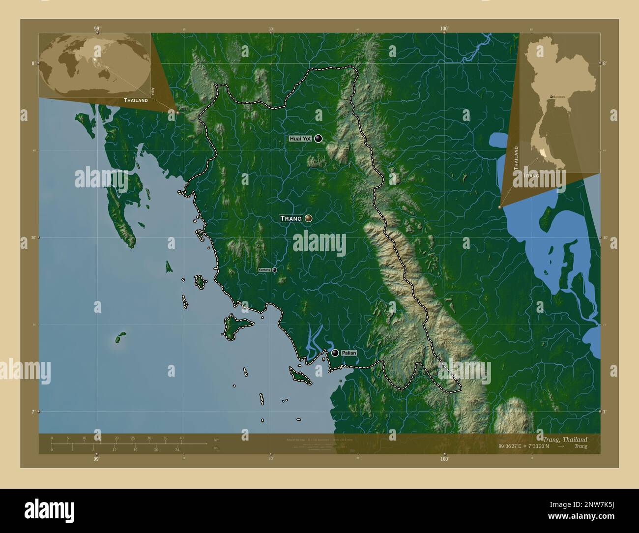 Trang, province of Thailand. Colored elevation map with lakes and ...