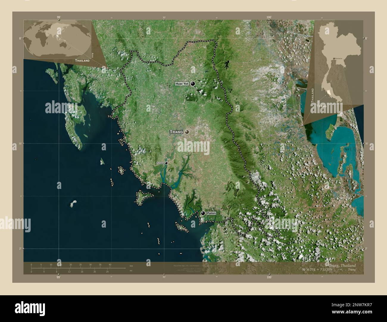 Trang, province of Thailand. High resolution satellite map. Locations ...