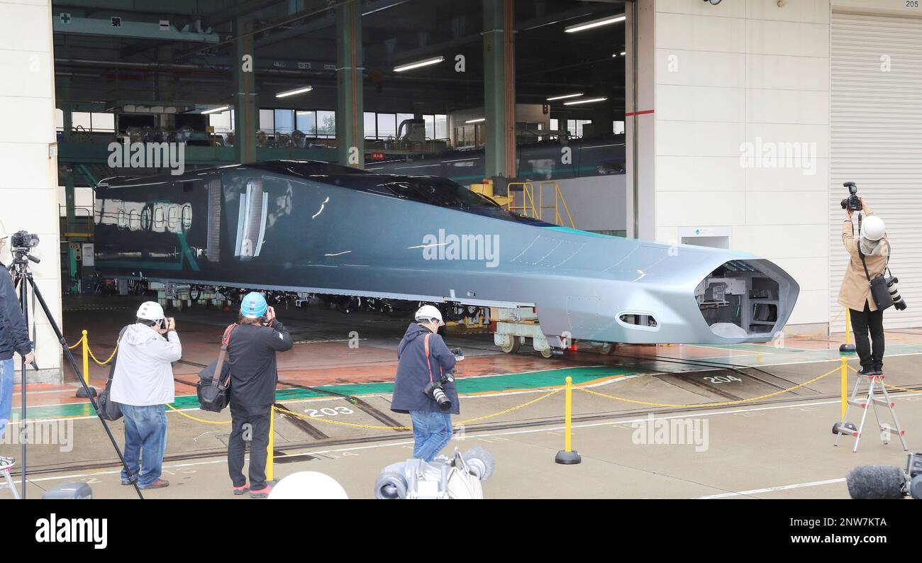 A test car, named ALFA-X, of a new Shinkansen bullet train model ...